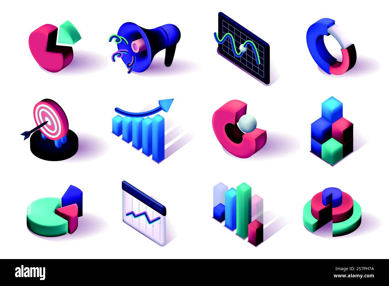 Marketing research 3d isometric icons set. Charts, graphs, diagrams, data analysis, megaphone ...