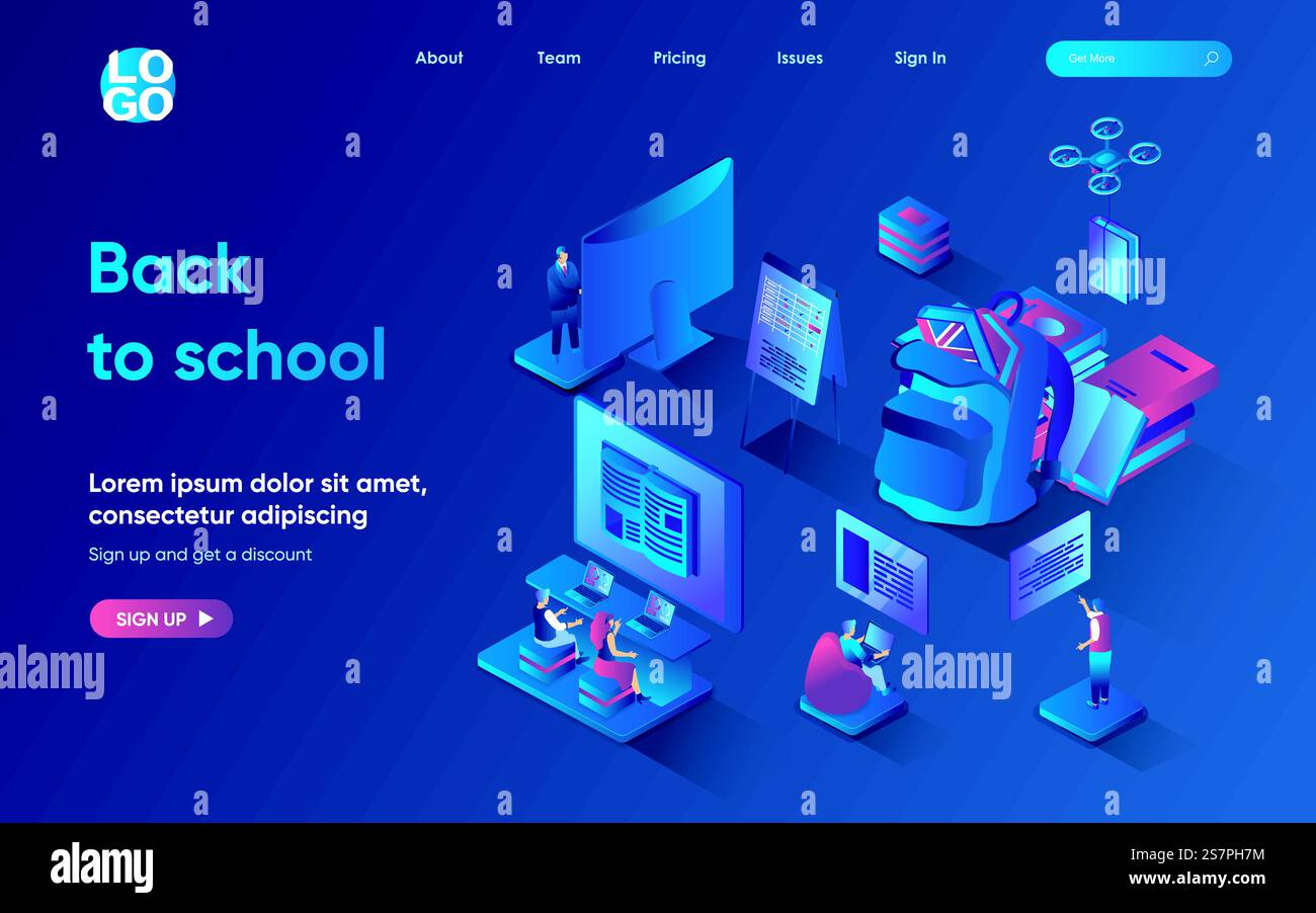 Back to school concept 3d isometric web landing page. People study online and going at lessons ...