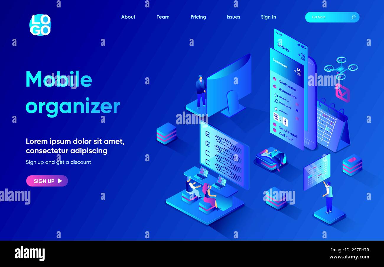 Mobile organizer service concept 3d isometric web landing page. People manage files in ...