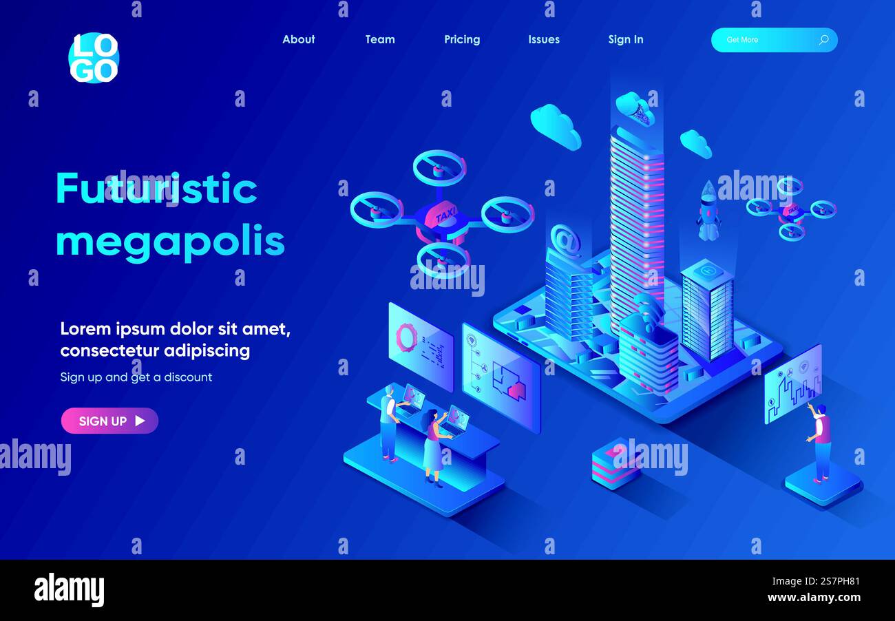 Futuristic megapolis concept 3d isometric web landing page. People monitor indicators and ...