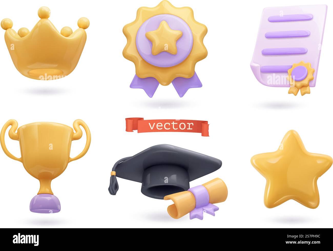 Awards icon set. Crown, medal, certificate, prize, graduation cap, star ...