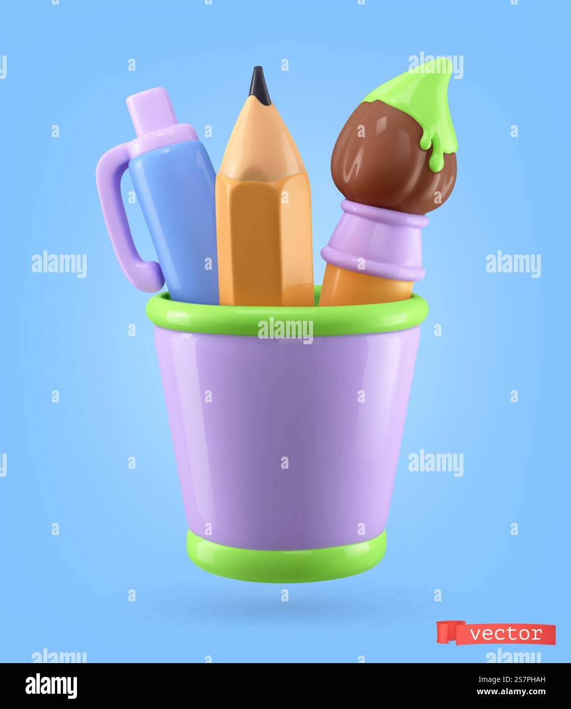 Art icon 3d cartoon vector object. Pen, pencil and brush in a glass ...