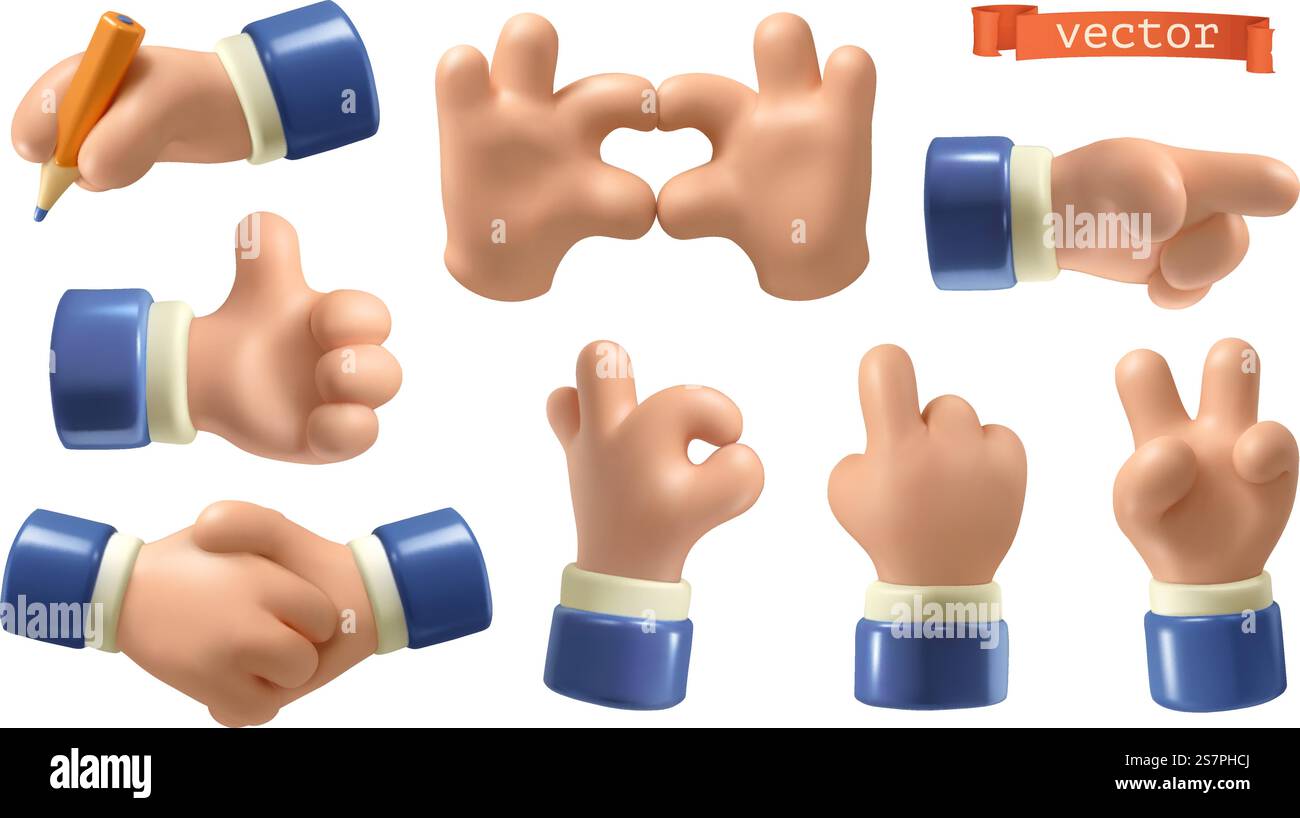 Hands 3d vector icon set. Handshake, heart sign, okay, thumb up, pointer gestures Stock Vector ...