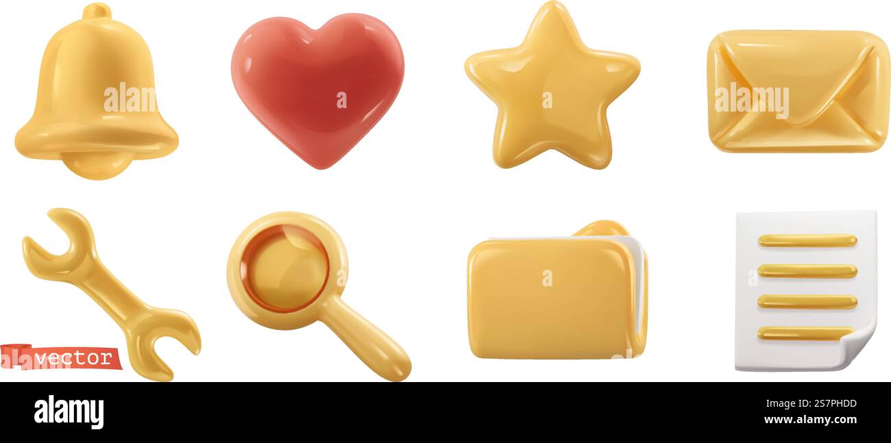 3d realistic vector icon set. Bell, heart, star, mail, magnifier ...
