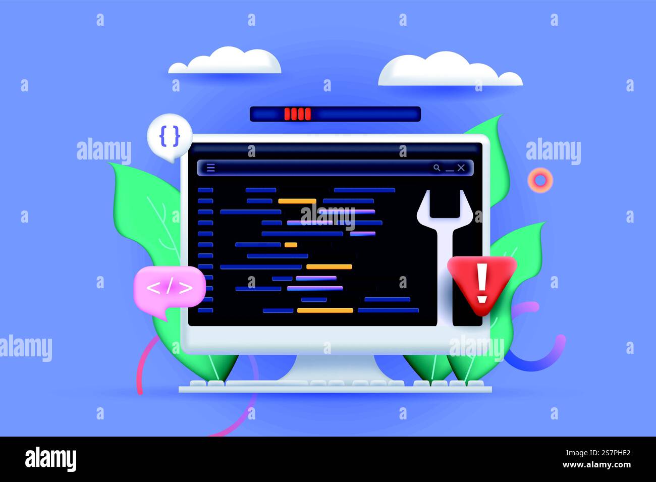 Programming concept 3D illustration. Icon composition with coding and ...