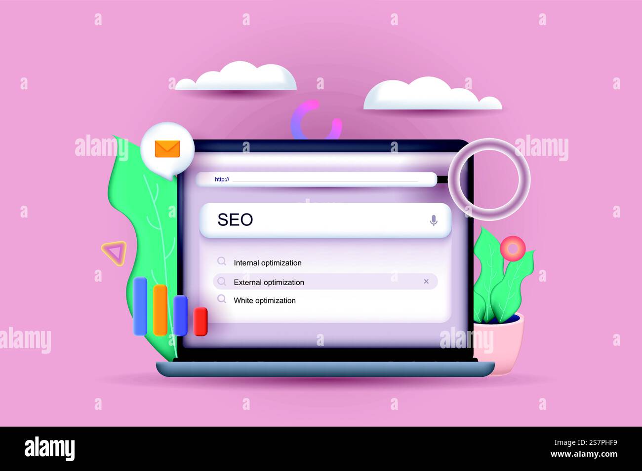 SEO optimization concept 3D illustration. Icon composition with settings and promotion ...