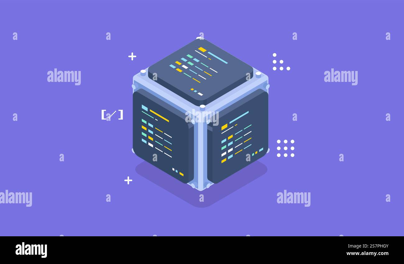 Technology infographic design for quantum computer. Blockchain server concept, server room ...