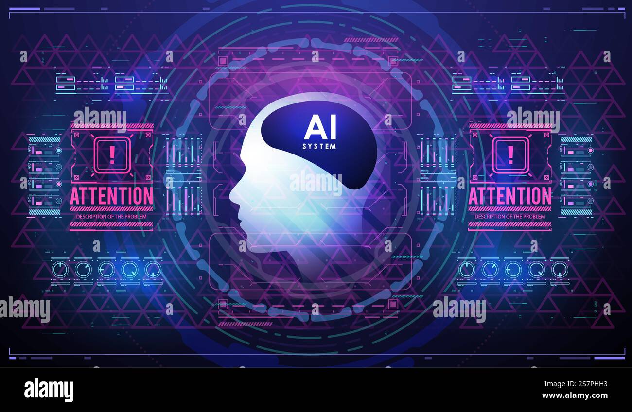 Futuristic design of an Artificial Intelligence brain with futuristic hud elements. AI and ...