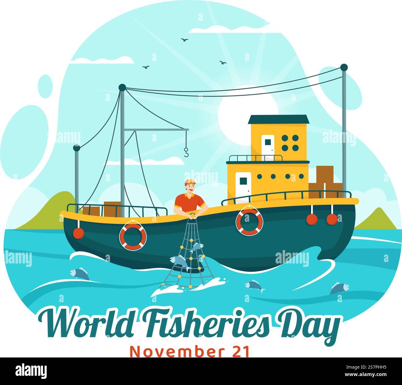 World Fisheries Day Vector Illustration of Fisherman with Fishing Rod ...