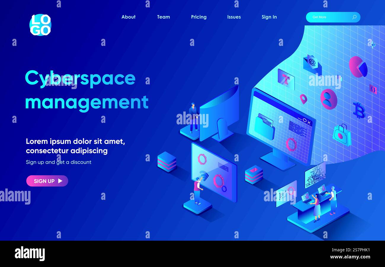 Cyberspace management concept 3d isometric web landing page. People upload and transfer files ...