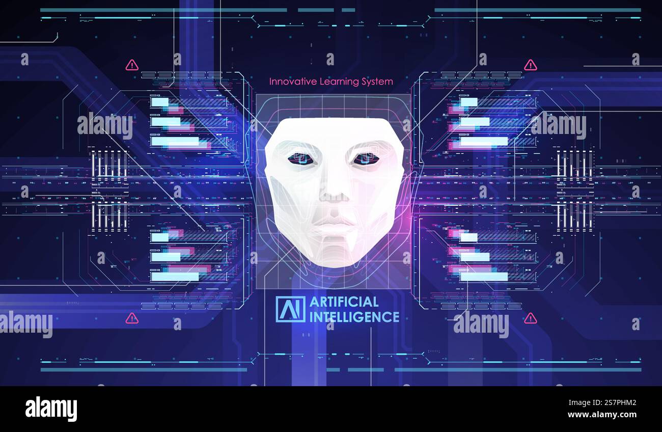 AI and technology concept. Abstract glowing colorful digital brain with circuit background ...