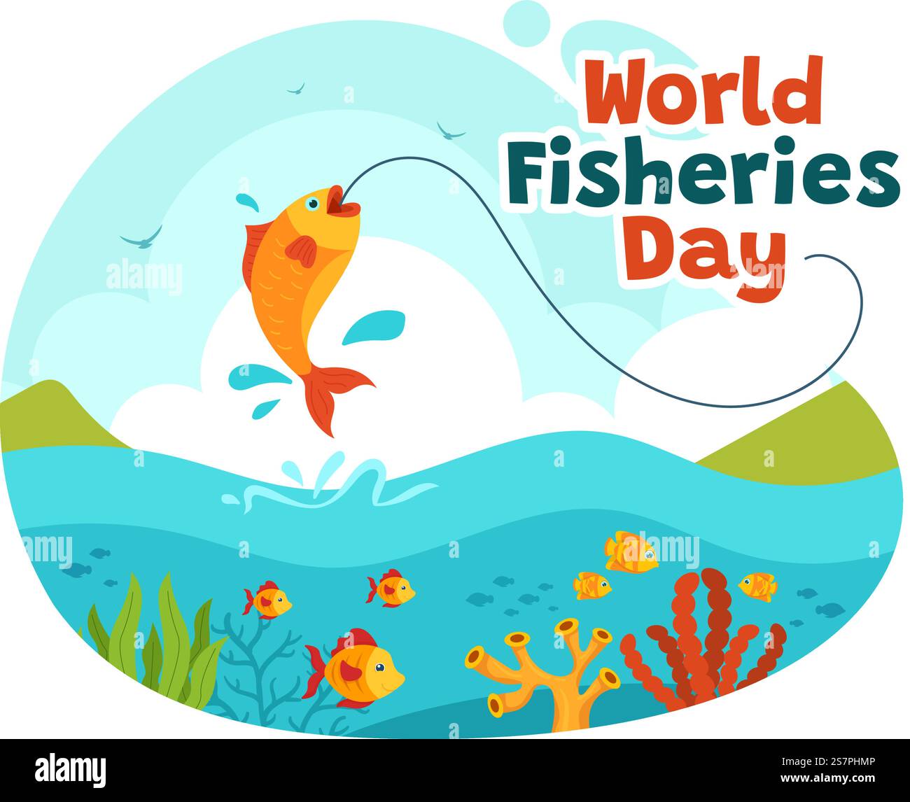 World Fisheries Day Vector Illustration of Fisherman with Fishing Rod ...