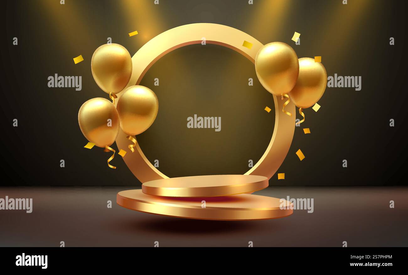 balloon golden podium present, celebrate happy birthday, gold platform ...