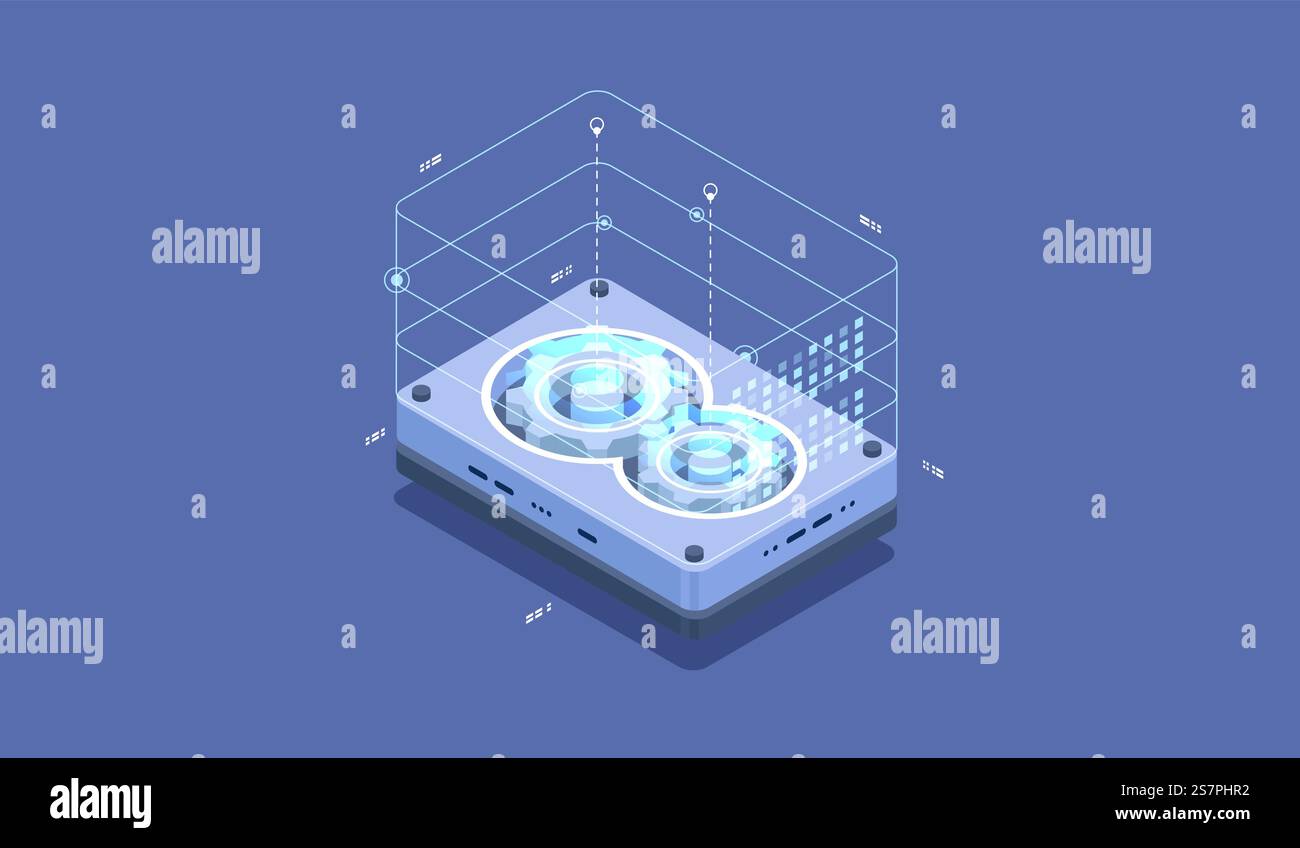 Technology infographic design for quantum computer. Blockchain server concept, server room ...
