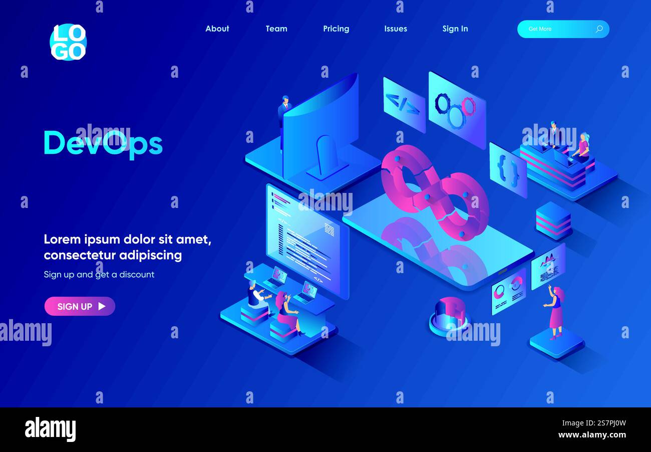 DevOps concept 3d isometric web landing page. People working in team, programmers interact with ...