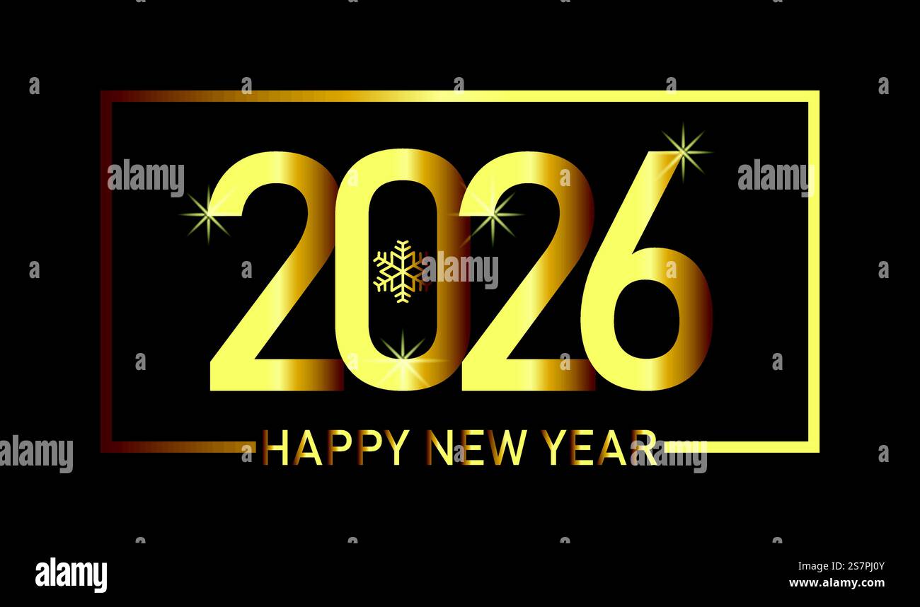 Happy New Year 2026 Text Design. Golden numbers on black background ...