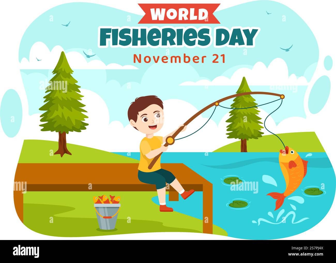 World Fisheries Day Vector Illustration of Fisherman with Fishing Rod ...