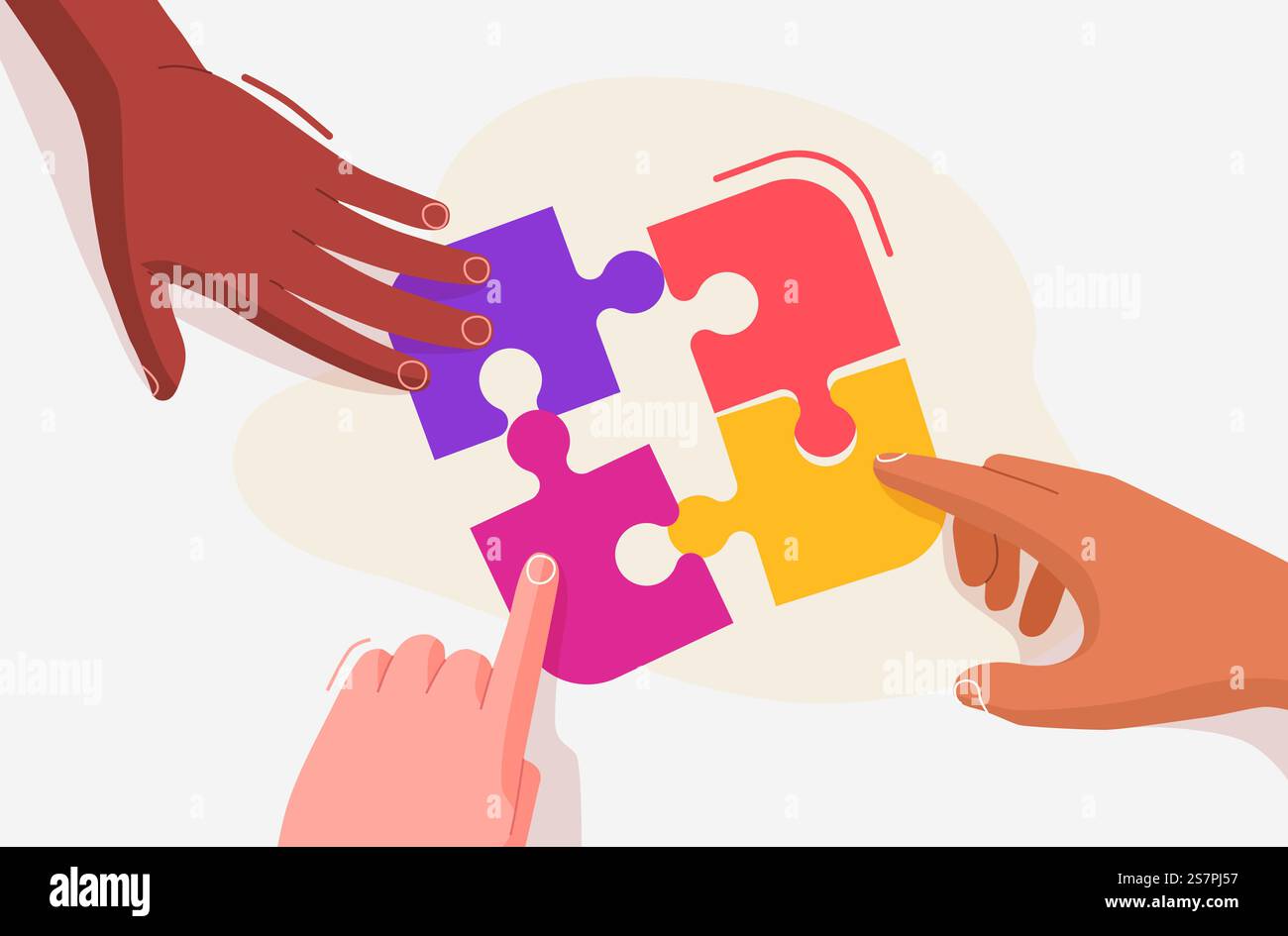Human hands solve jigsaw puzzle. Concept of team, cooperation. Flat ...