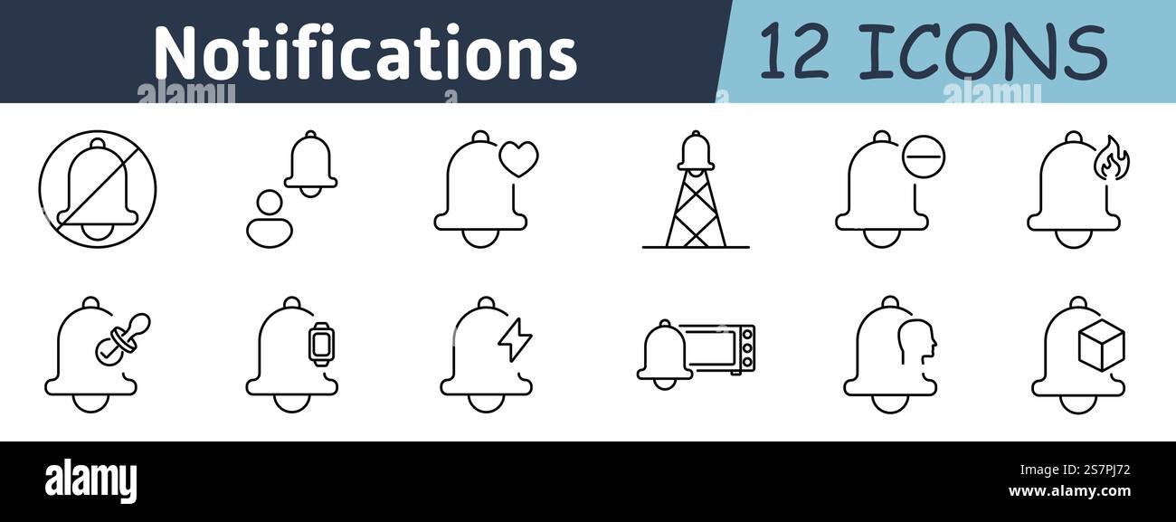 Notifications set icon. Muted alerts, active bell, heart, fire ...