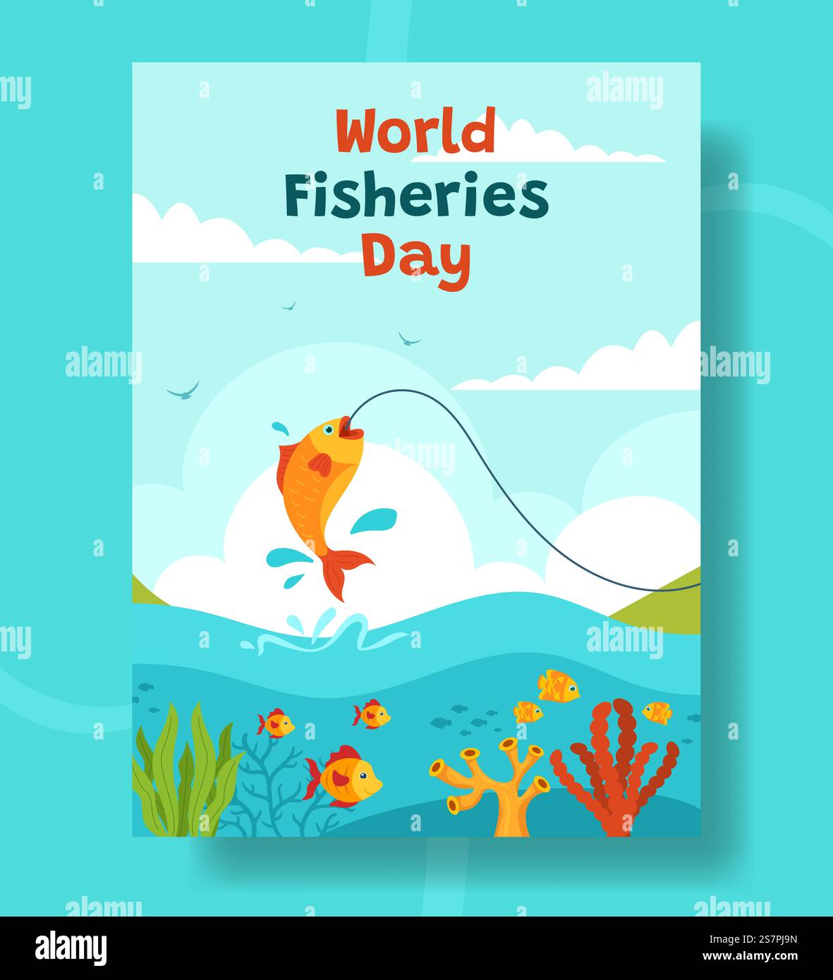 Fisheries Day Vertical Poster Illustration Flat Cartoon Hand Drawn ...