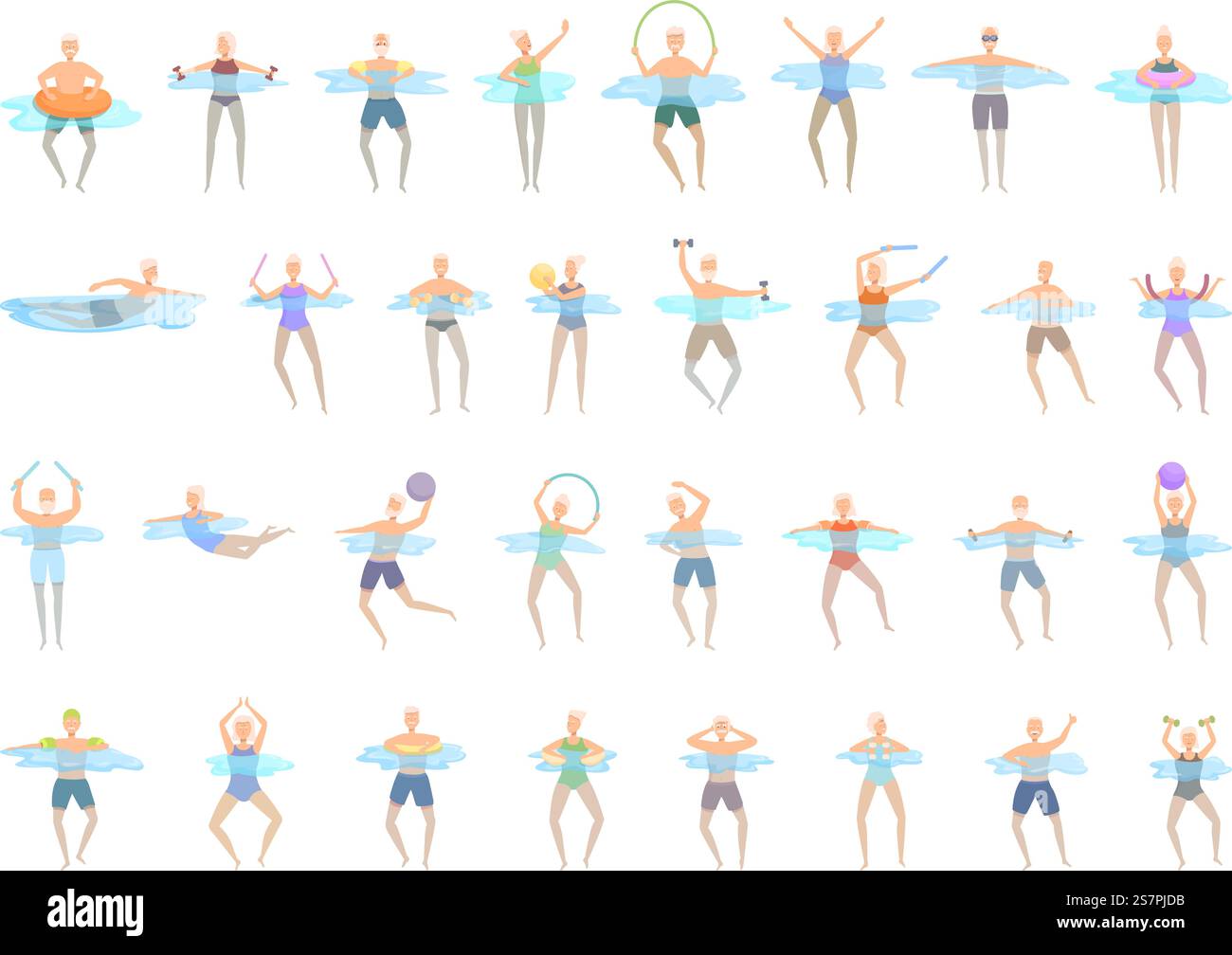 Elderly people swimming icons set cartoon vector. Pool water. Old ...