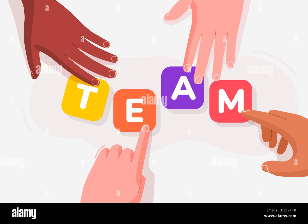 Multiethnic business team working together putting together a Team word ...