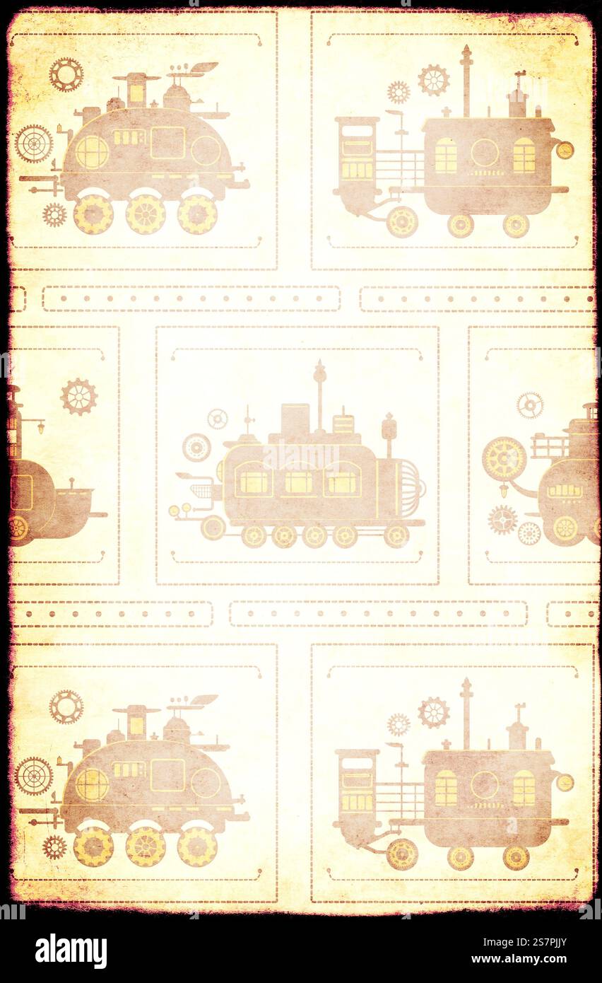 Background with grunge texture of retro paper and steam engine machines ...