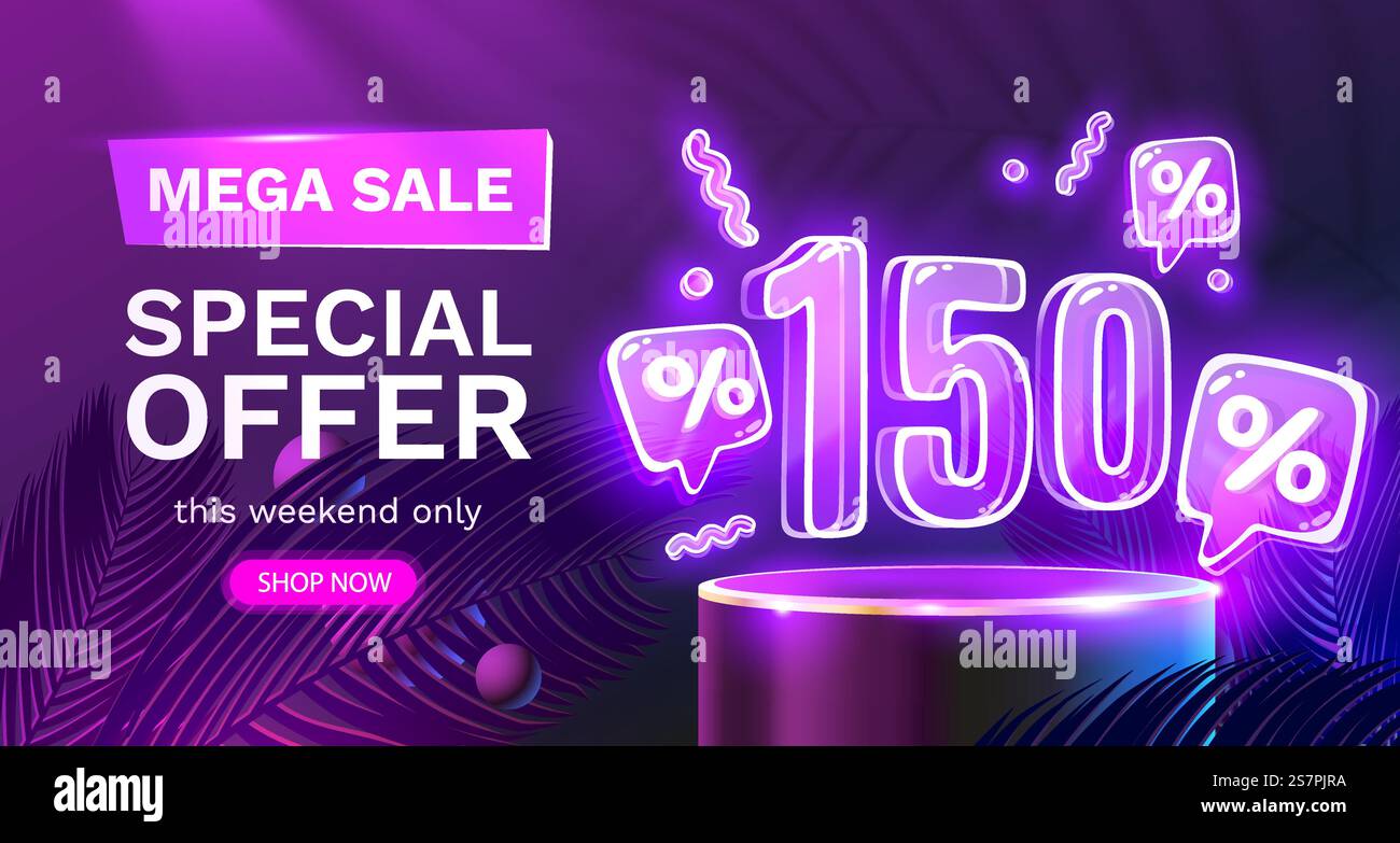 Mega sale special offer, Neon 150 off sale banner. Sign board promotion ...