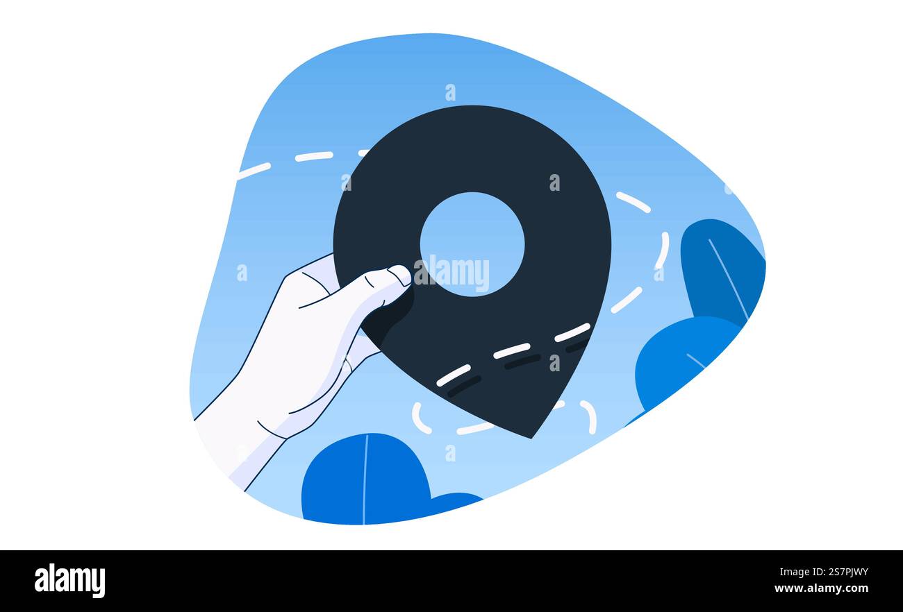 Hand holding map marker. Simple outline style. Vector illustration ...