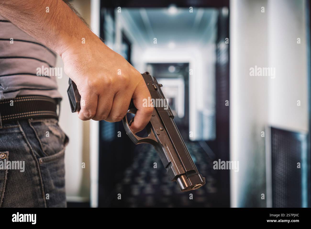 bank robbery. an armed criminal with a dhrt pistol enters the premises ...