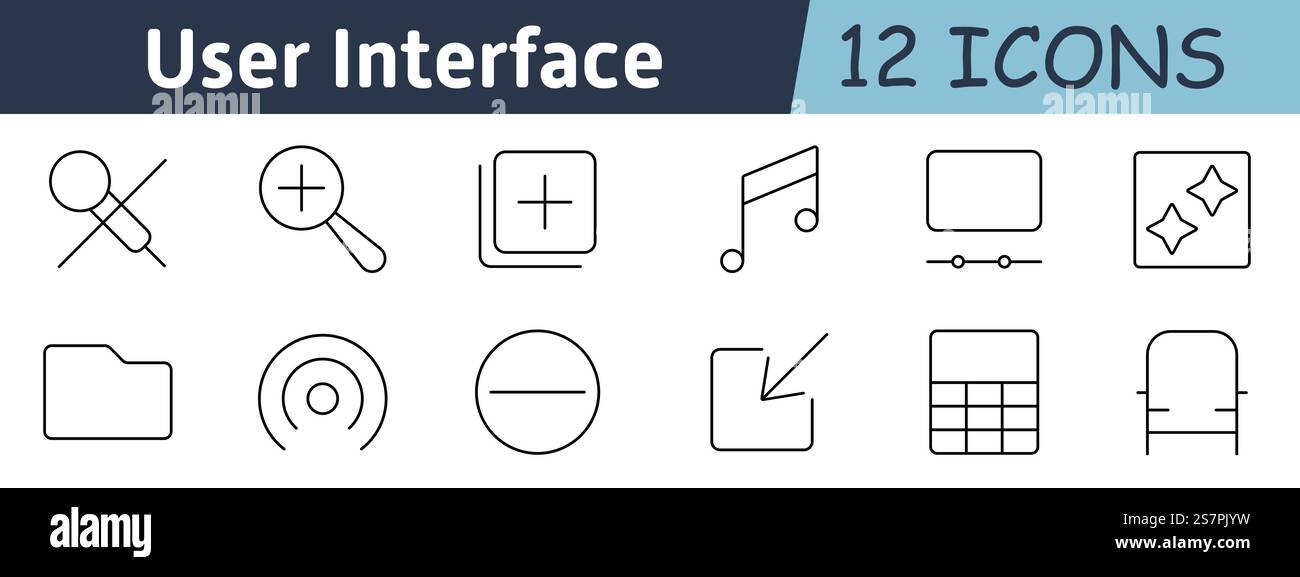 User interface set icon. Search, zoom in, add, music note, display ...