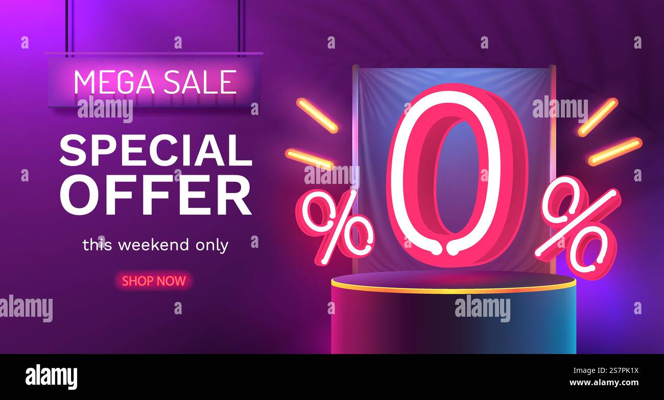 Mega sale special offer, Neon 0 off sale banner. Sign board promotion ...
