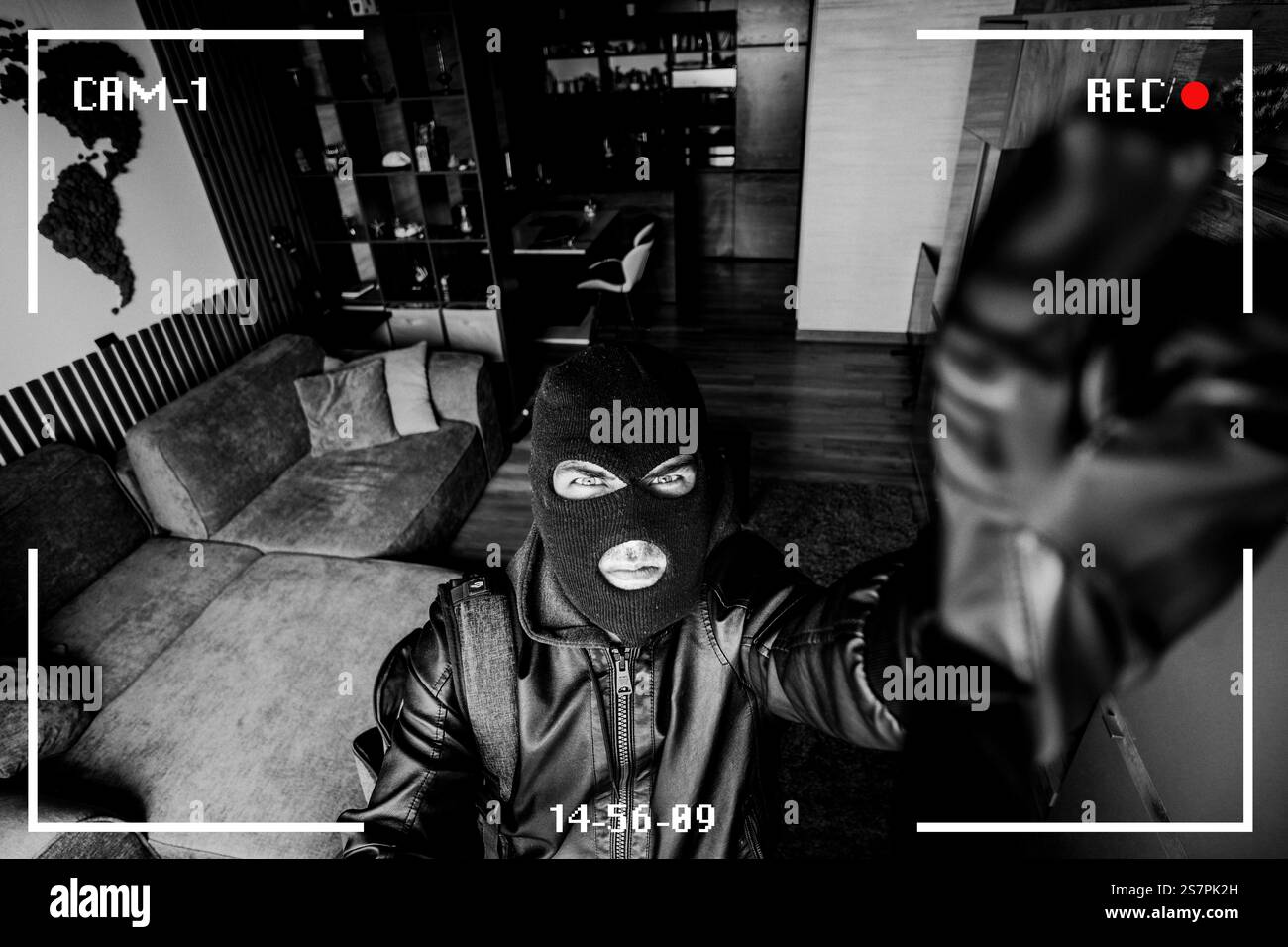 Housebreaking Concept. Intruder sneaking into house at night, holding ...