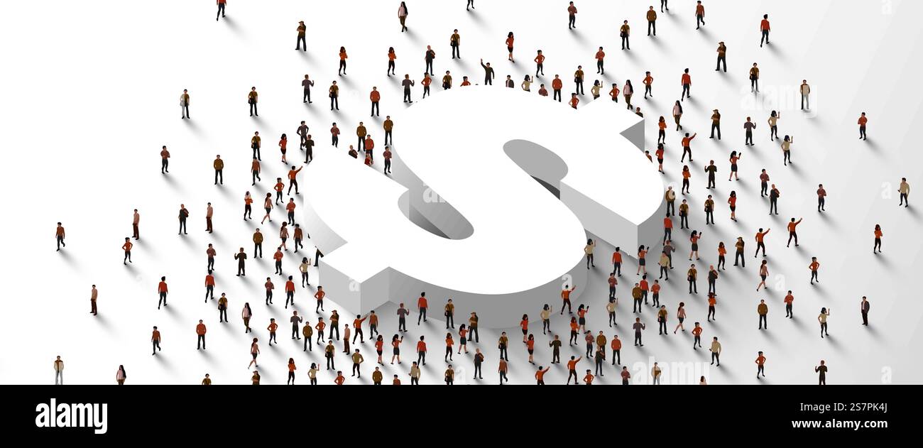 Large group of people standing around big coin. People crowd. Business ...