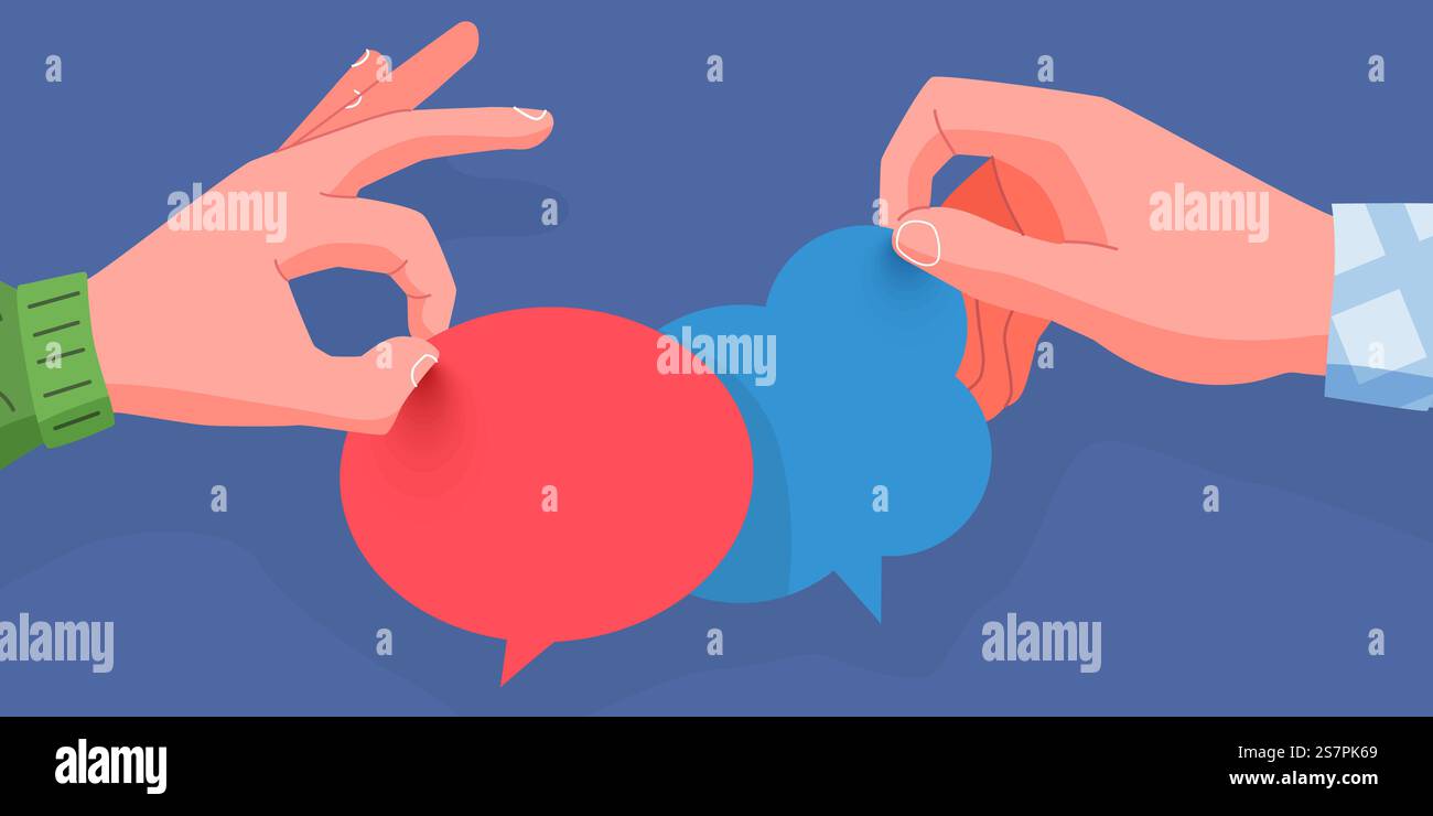 Hands holding a chat bubble. Communication concept. Outline cartoon ...