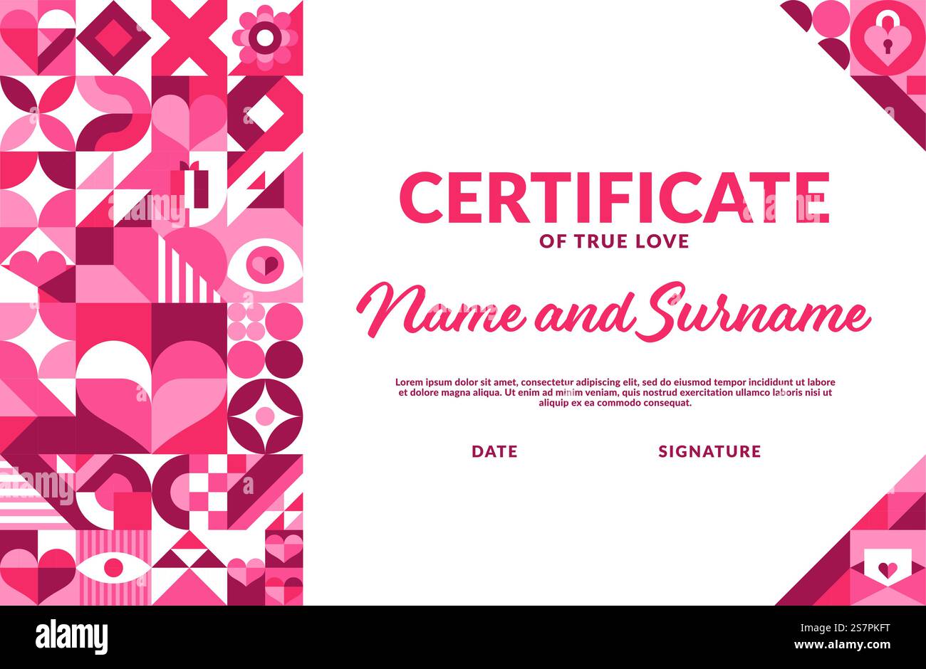 Love certificate for Valentine day of geometric shapes in hearts frame ...
