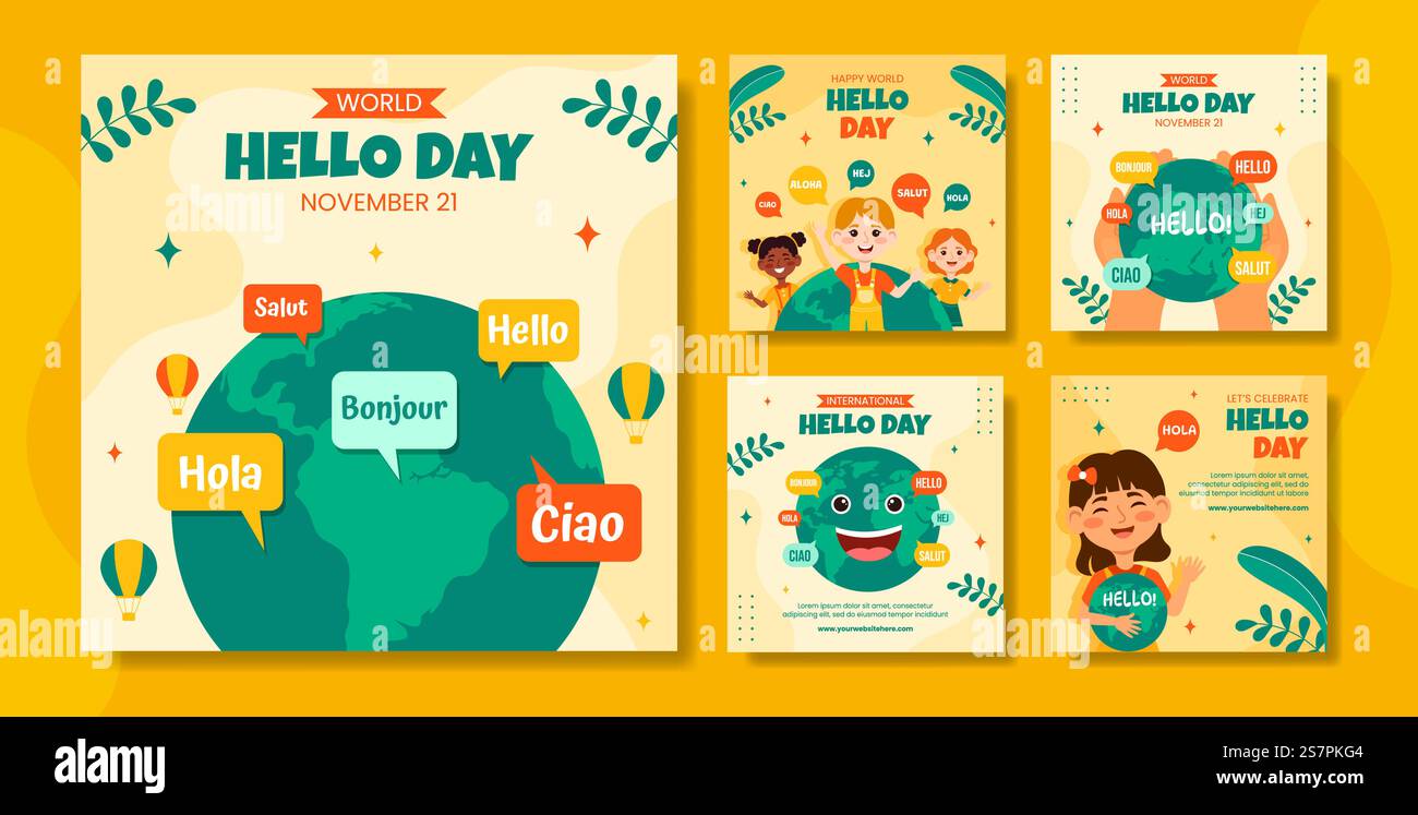 Hello Day Social Media Post Flat Cartoon Hand Drawn Templates ...