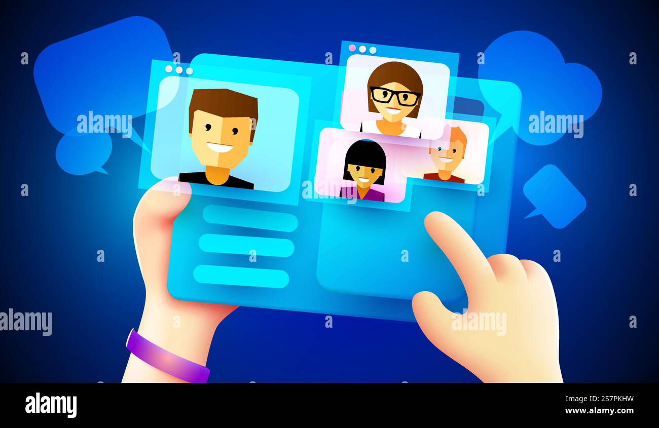 Cute 3d hands are holding tablet with video call. Communication concept ...