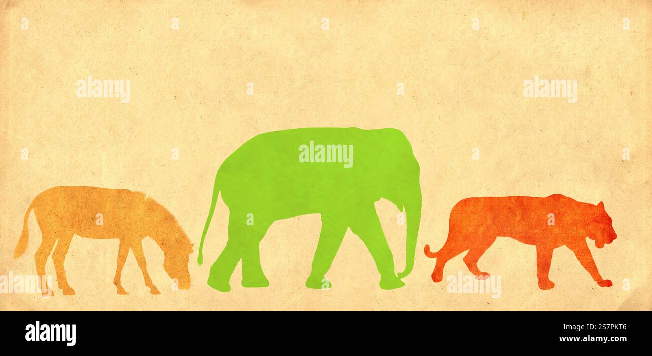Eco background with elephant, tiger, zebra in paper cut style. Paper ...