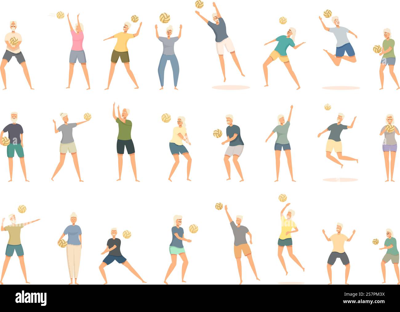 Old people playing volleyball icons set cartoon vector. Sport activity ...