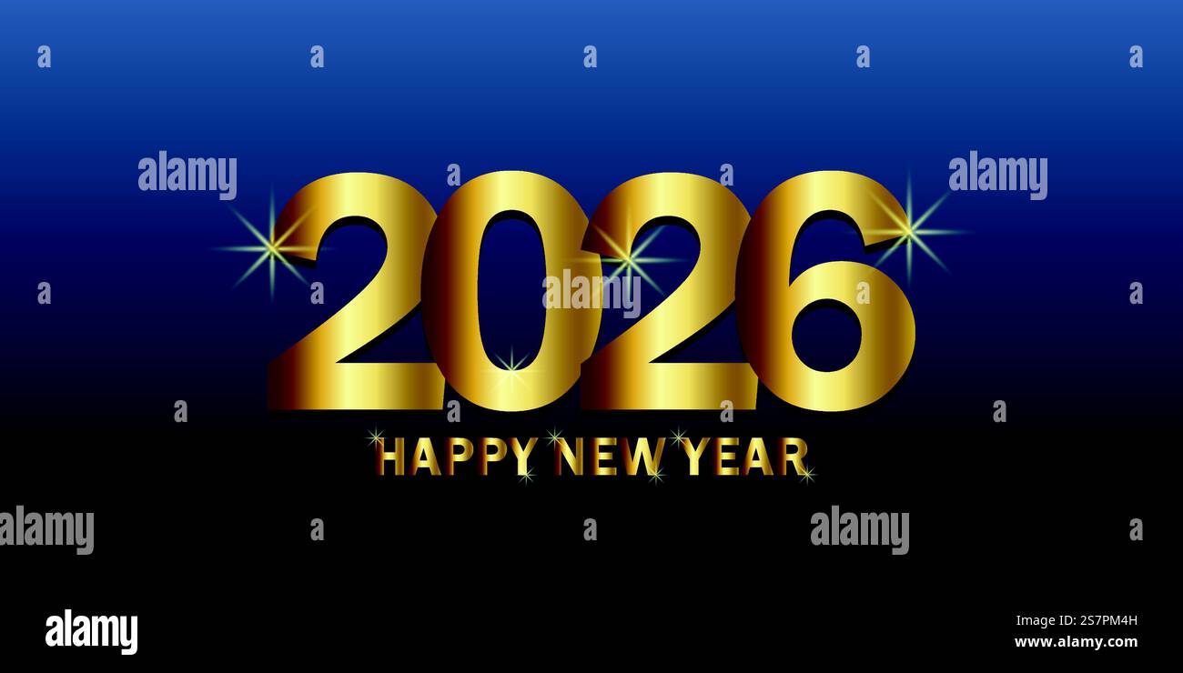 Happy New Year 2026 gold text on blue background. Festive background for your design. Vector ...
