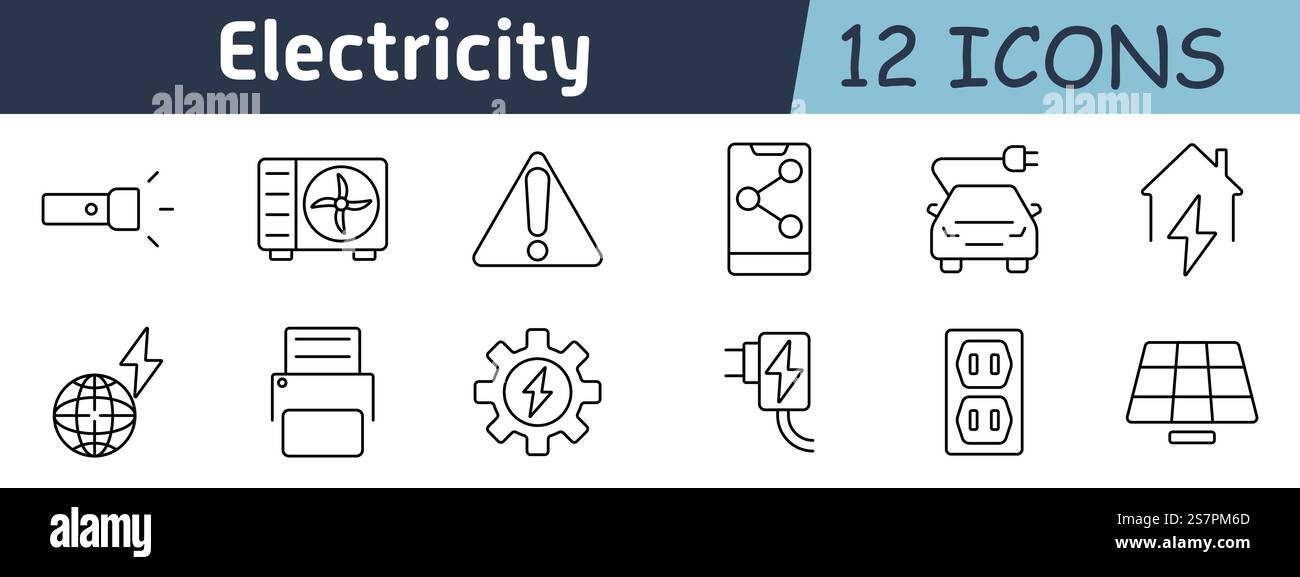 Electricity set icon. Light bulb, solar panel, power outlet, electric ...