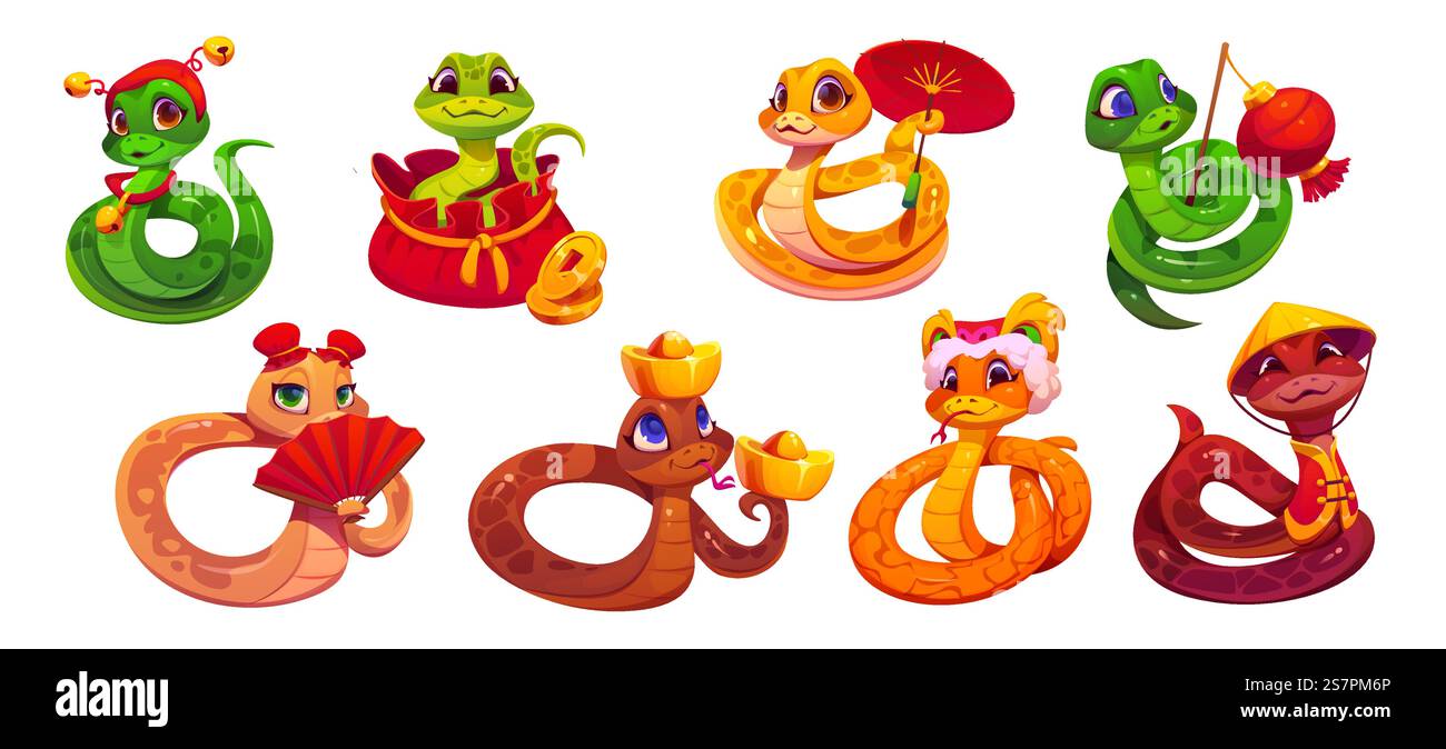 Cartoon snake characters, 2025 chinese lunar year symbols. Cute snakes isolated vector ...