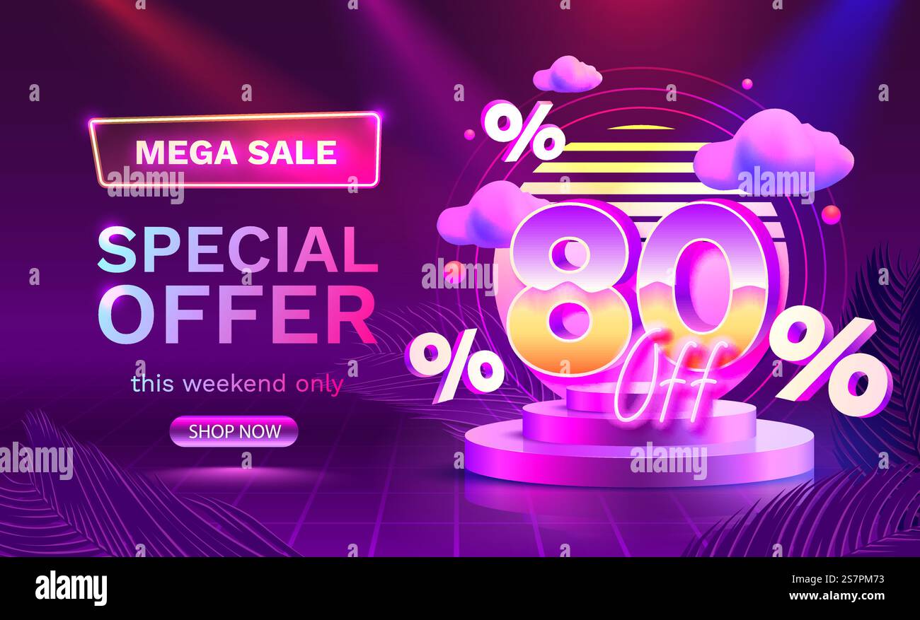 Mega sale special offer, Neon retro way 80 off sale banner. Sign board ...