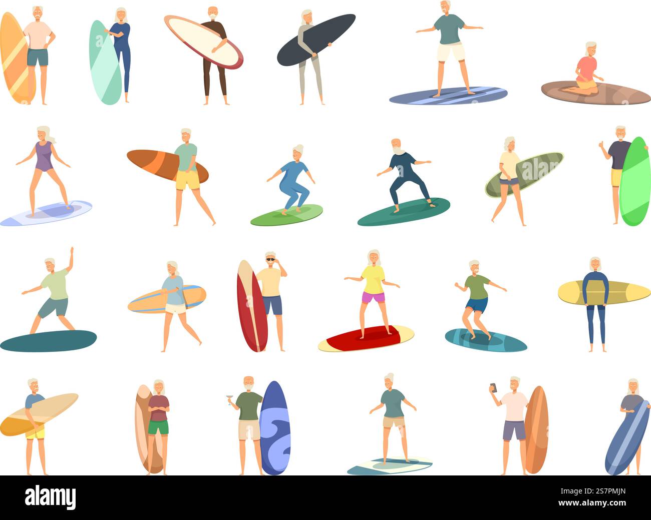 Seniors on the surf icons set cartoon vector. Active fun. Water beach ...