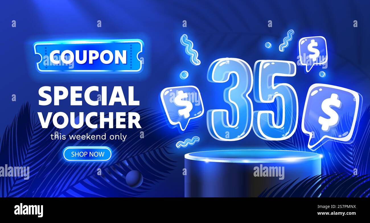 Coupon special voucher 35 dollar, Neon banner special offer. Vector ...