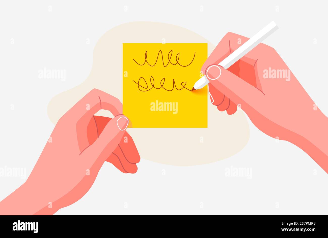 Human hand writes a reminder on a sticky note. Flat cartoon style ...