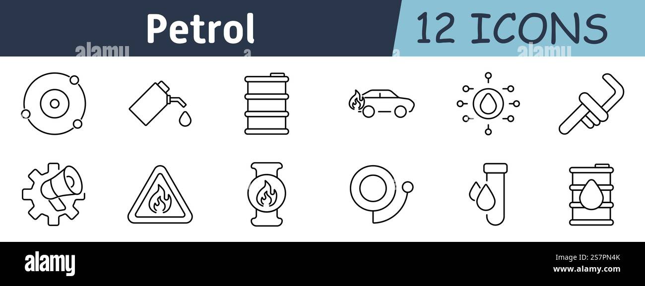Petrol set icon. Oil barrel, fuel drop, fire hazard, gas tank, piping ...
