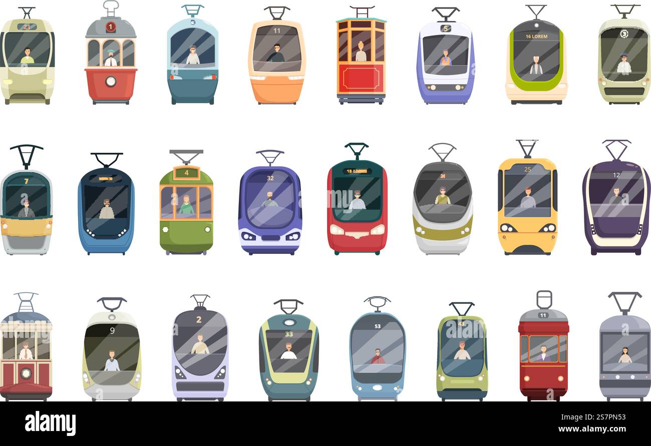 Tram driver icons set cartoon vector. Road city. Train speed. Tram ...