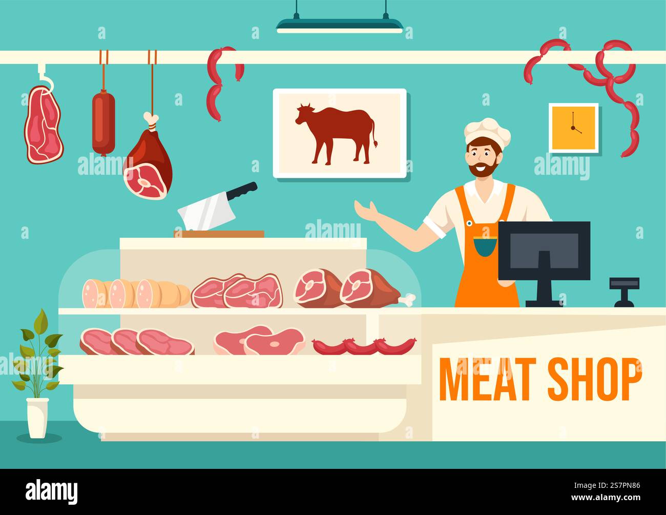 Meat Shop or market Vector Illustration with Various Fresh Meats ...